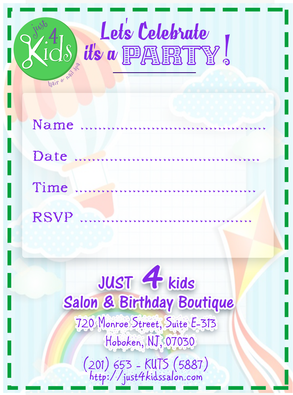 Printable Kids Birthday Party Invitations - Just 4 Kids Salon - Book Today!